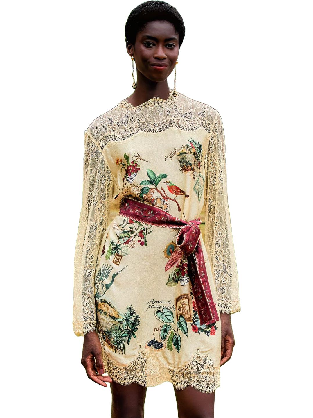 FARM RIO FARM RIO Bird Poetry Lace Long Sleeve Mini Dress